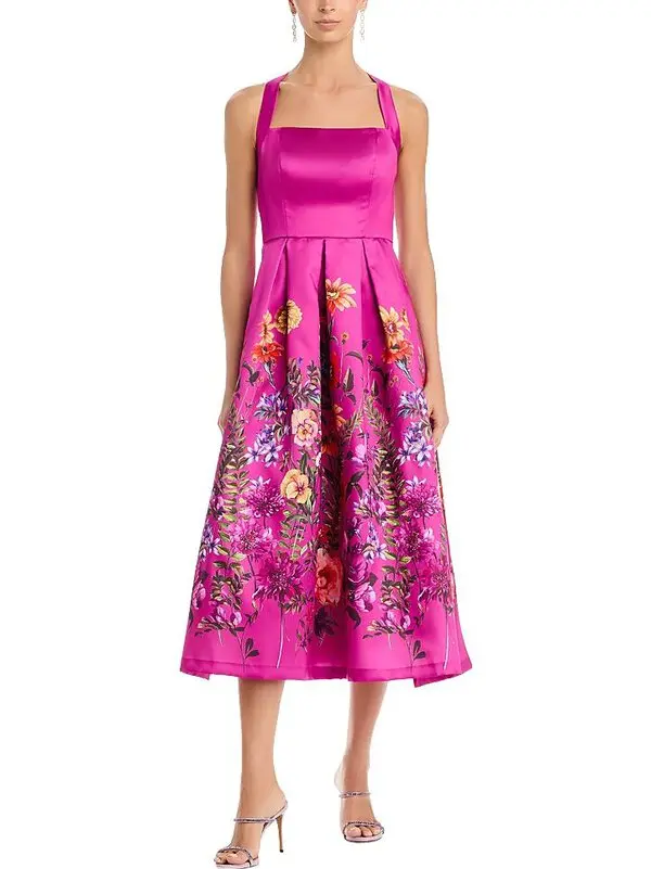 Eliza J Square Neck Pleated Floral Print Dress - Fuchsia