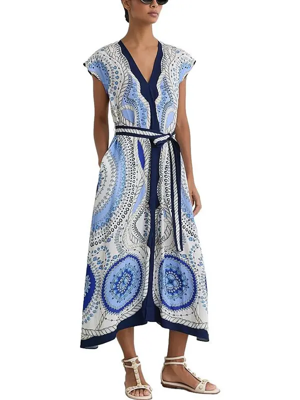 REISS Heidi Midi Dress - Ivory/blue