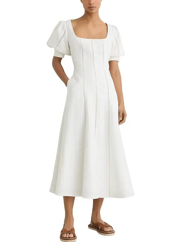 REISS Petites Short Sleeve Linen Midi Dress - Ivory