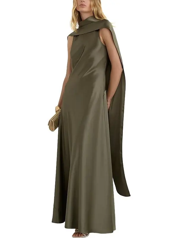 REISS Fae Satin Cape Dress - Khaki Green