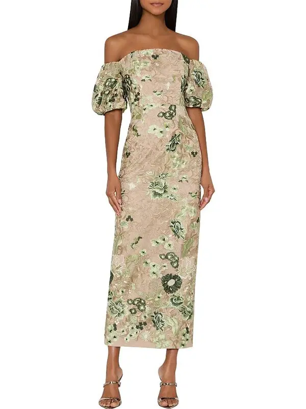 MILLY Nene Off The Shoulder Floral Embroidered Dress - White/green