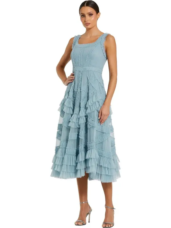 Mac Duggal Petite Scoop Neck Sleeveless Micro Ruffle Midi Dress - Blue