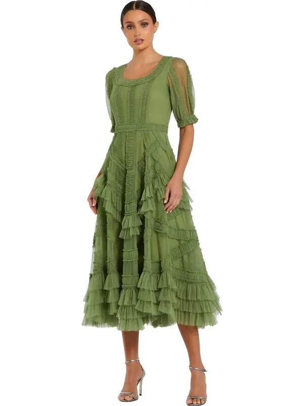 Mac Duggal Short Sleeve Ruffled Midi Dress - Green