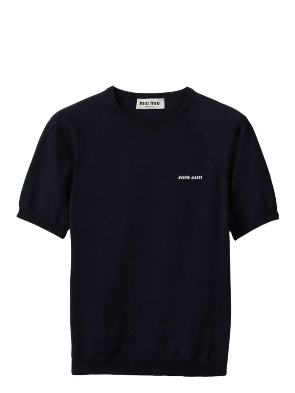 Miu Miu Logo-intarsia Crewneck Knitted Top - Navy Blue