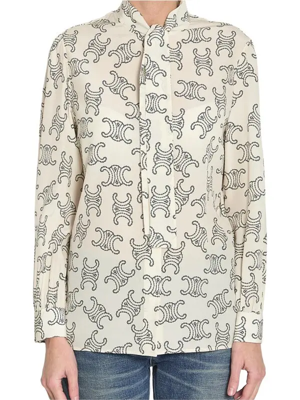 Celine Lavallière Blouse In Crêpe De Chine With All-over Pattern - White