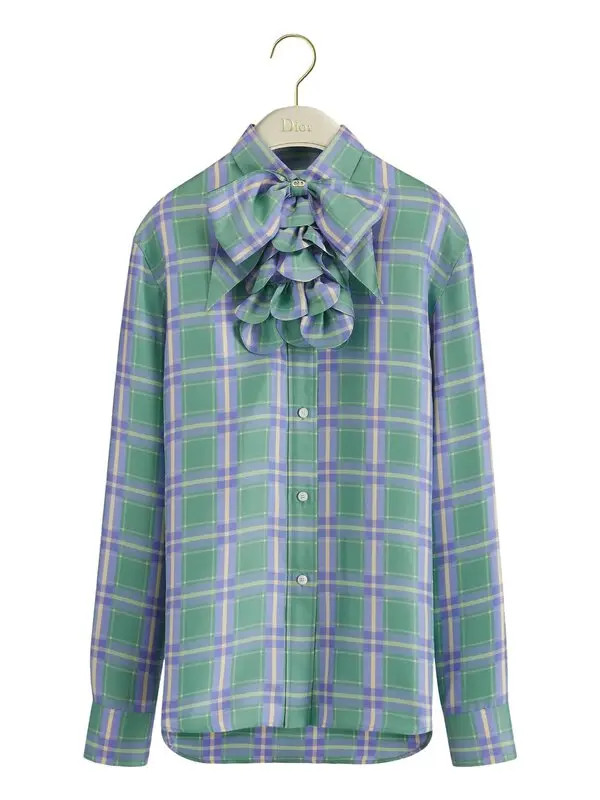 Dior Plaid Blouse With Detachable Bow - Green