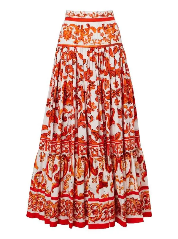 Dolce & Gabbana Majolica Cotton Poplin Maxi Skirt - Orange