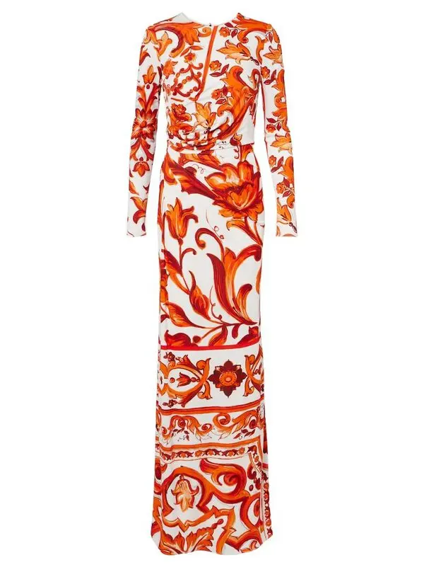 Dolce & Gabbana Majolica Print Organza Maxi Dress - Orange