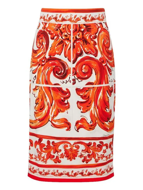 Dolce & Gabbana Majolica Print Silk Blend Pencil Skirt - Orange
