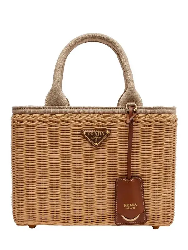 Prada Medium Wicker And Canvas Tote Bag - Beige