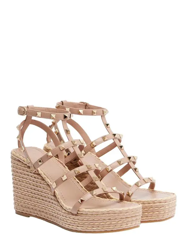 Valentino Garavani Rockstud Leather Wedge Sandals - Beige