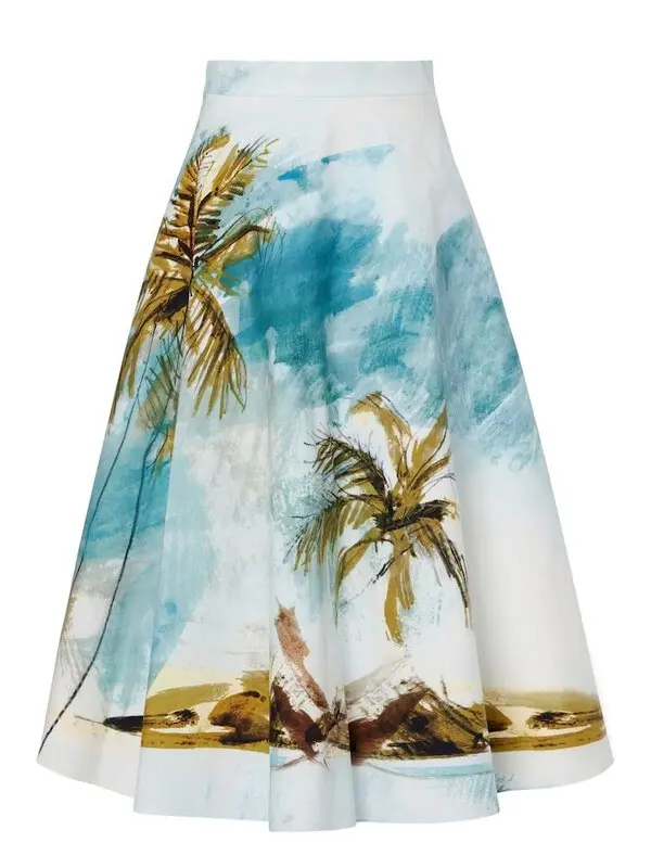 Oscar De La Renta Printed Cotton-blend Poplin Midi Skirt - Blue