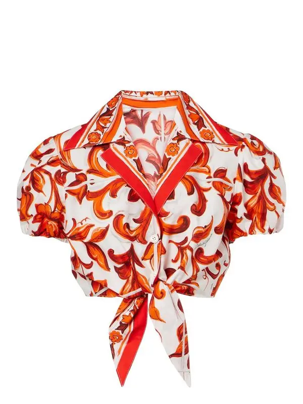 Dolce & Gabbana Majolica Cropped Cotton Poplin Blouse - Orange