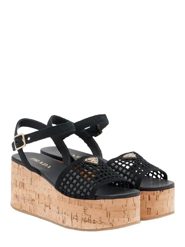 Prada Crochet Wedge Sandals - Black