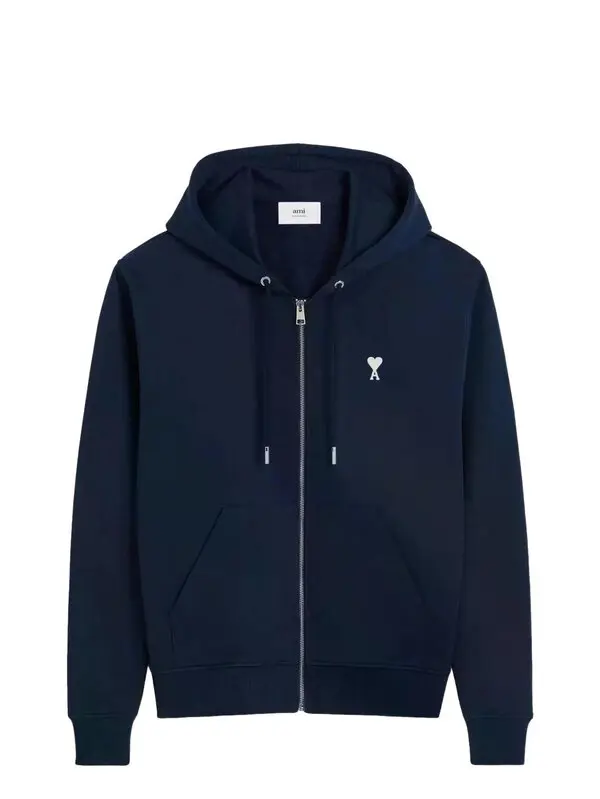 AMI Paris Logo Embroidered Zip-up Hoodie - Blue
