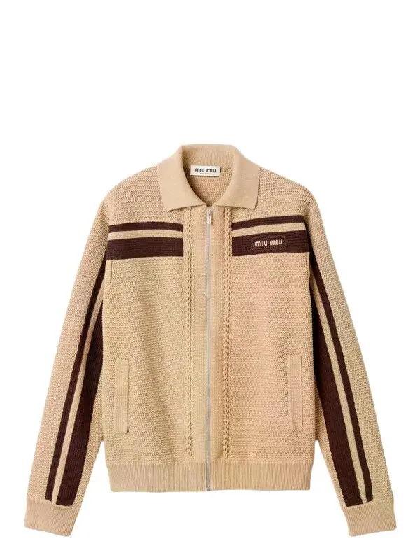 Miu Miu Cotton Crochet Track Jacket With Trim - Neutrals