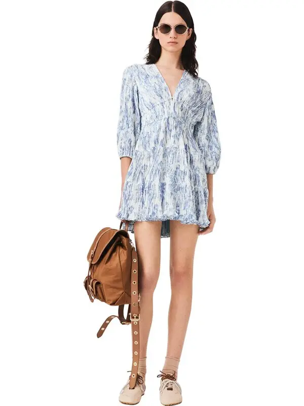 Maje Pleated Floral Print V-neck Dress - Sky Blue Large Flowers Print