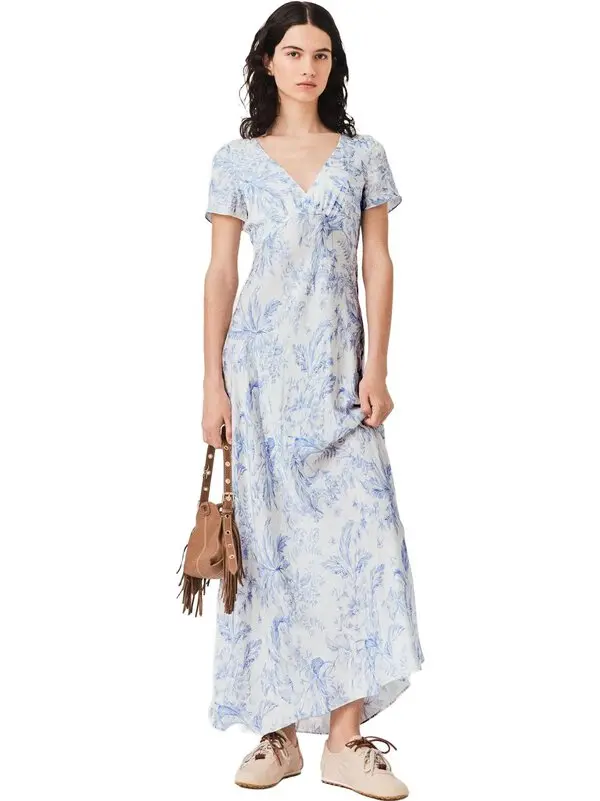 Maje Floral Print V-neck Maxi Dress - Sky Blue Large Flowers Print