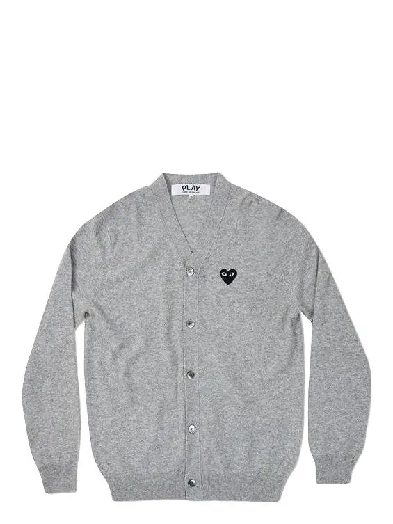 Play Comme Des Garcon V-neck Cardigan With Black Heart Applique - Grey