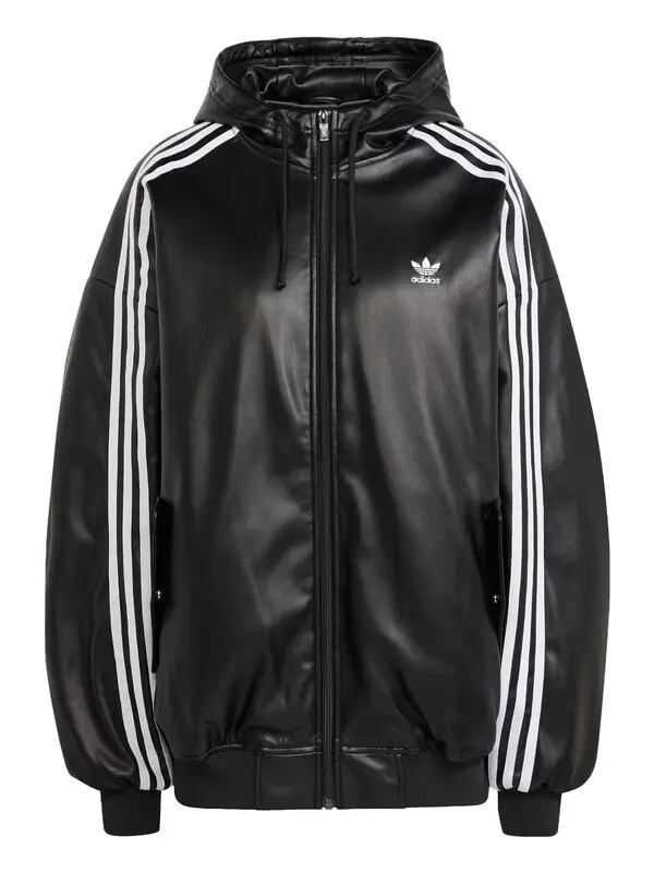 Adidas Oversized Faux Leather Jacket With Drawstring Hood - Black/white