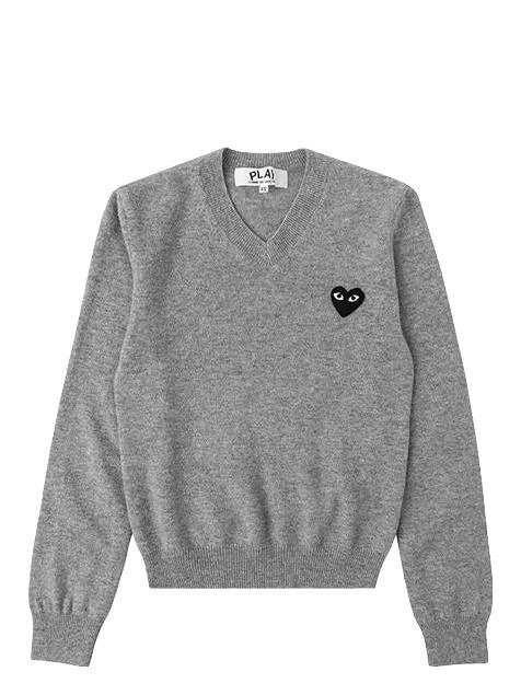 Play Comme Des Garcon V-neck Pullover With Black Heart Applique - Grey