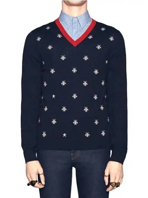 Gucci Bee Print V-neck Sweater - Blue
