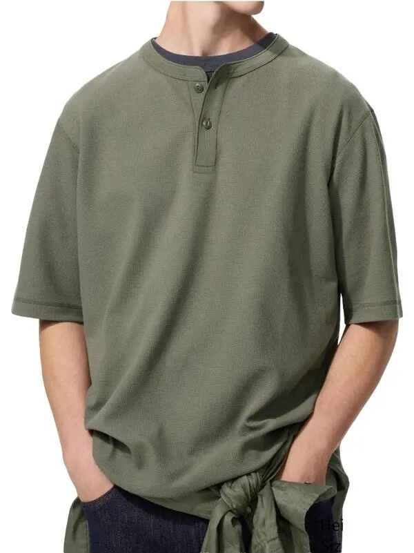 Uniqlo Dry Waffle Henley Neck T-shirt Short Sleeve - Olive