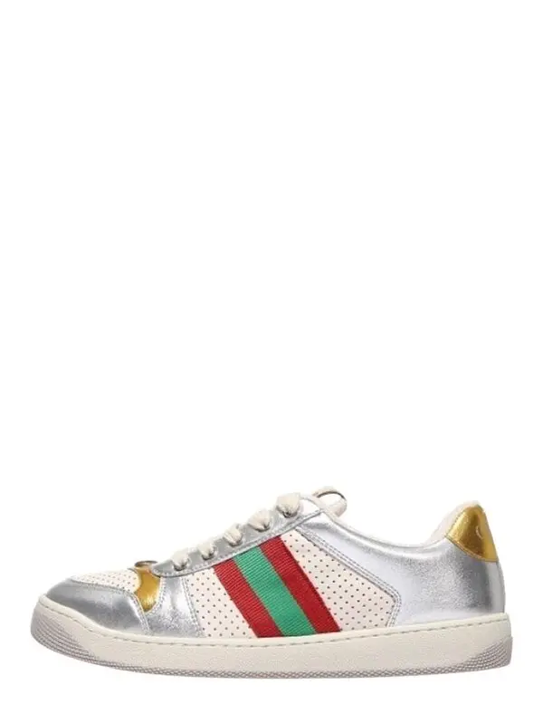 Gucci Screener Metallic Calfskin Web Sneakers - Silver/gold