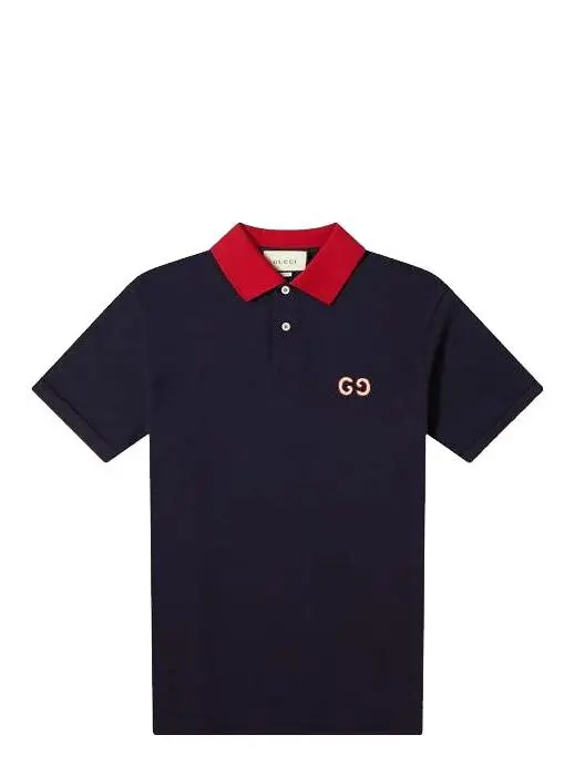 Gucci Gg Logo Embroidered Contrasting Colors Short Sleeve Polo Shirt Navy - Blue