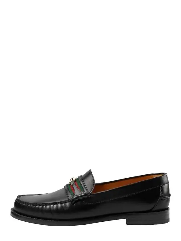 Gucci Black Leather Loafer With Interlocking G And Web Detail - Black/green/red