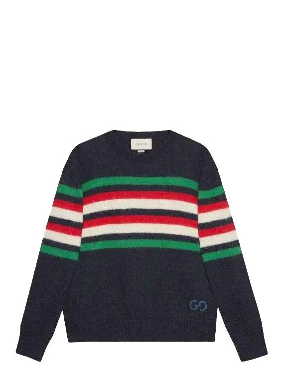 Gucci Striped Alpaca Wool Crewneck Knit - Navy/red