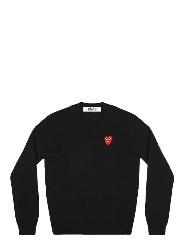 Play Comme Des Garcon V-neck Pullover With Red Emblem - Black