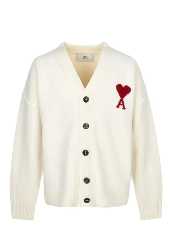 Ami Merino Wool Cardigan With Heart Logo - Ivory/red