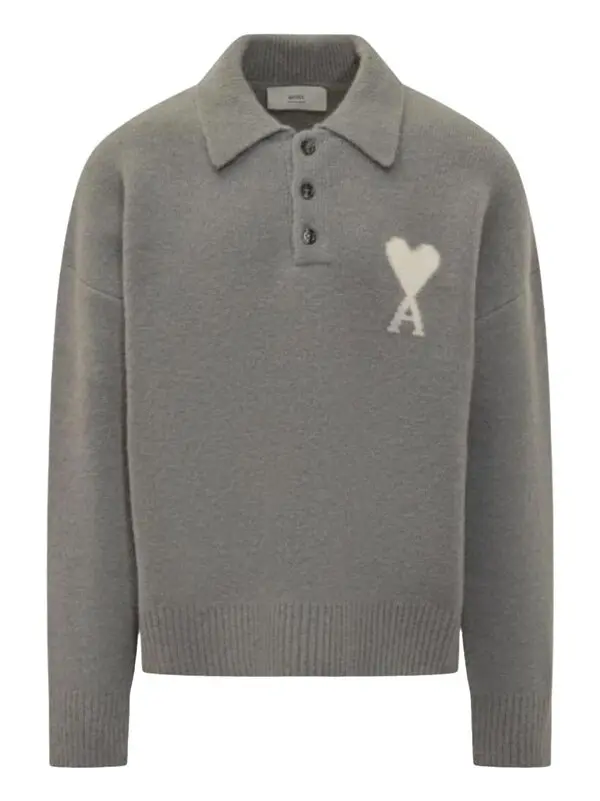 AMI Paris Big Heart Logo Polo Sweater - Gray
