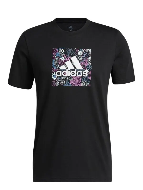 Adidas Cartoon Graffiti Alphabet Logo Pattern Printing Round Neck Short Sleeve Black T-shirt - Default Color