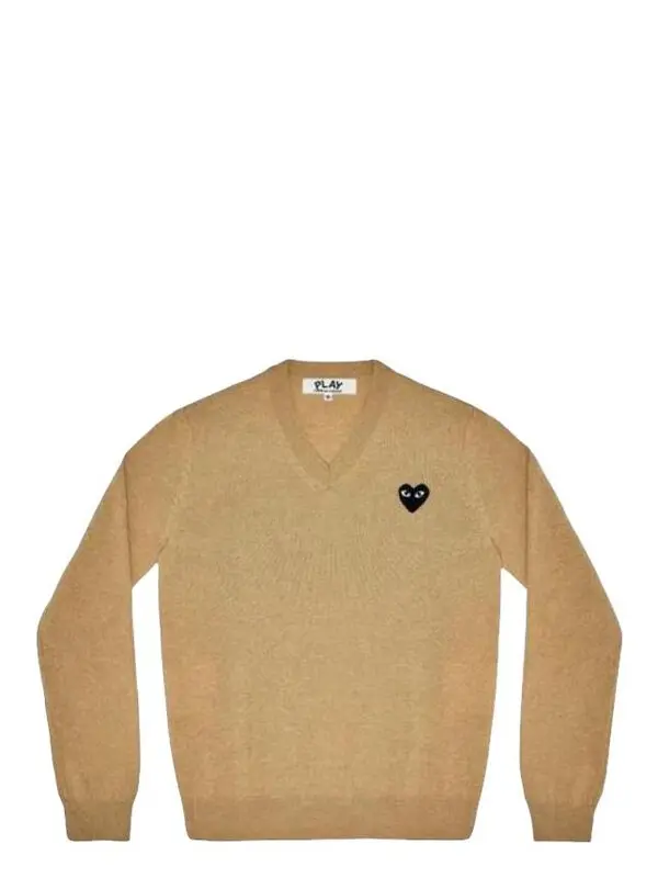 Play Comme Des Garcon V-neck L/s T-shirt Black Emblem - Beige
