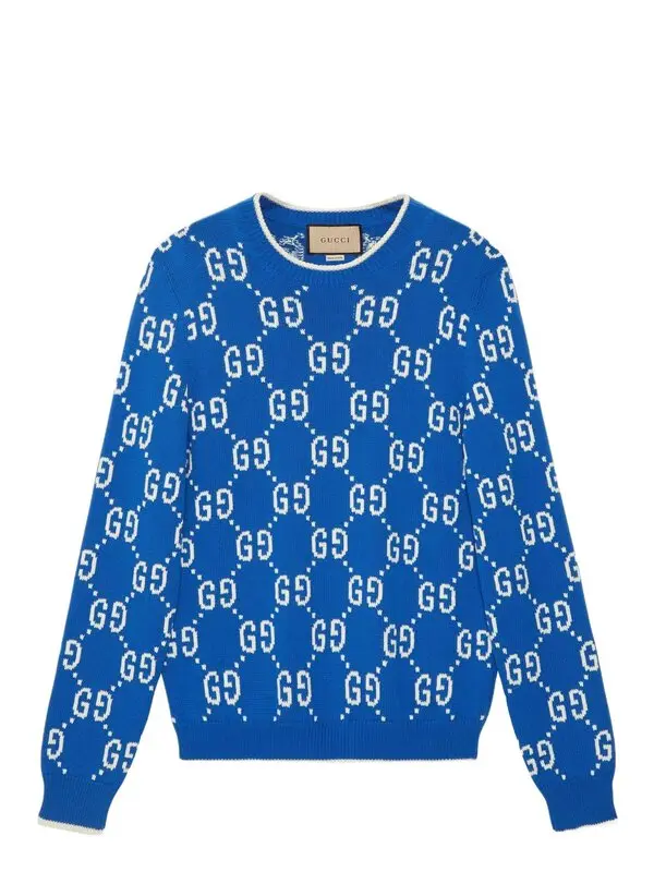 Gucci Jumbo Gg Jacquard Crew Neck Sweater - Blue/ivory