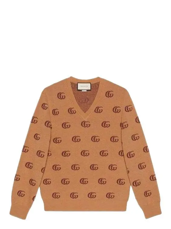 Gucci Double G Jacquard Wool V-neck Sweater 'camel Brown - Tan