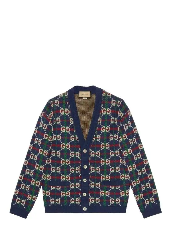 Gucci Gg Check Knit Wool Cardigan - Blue