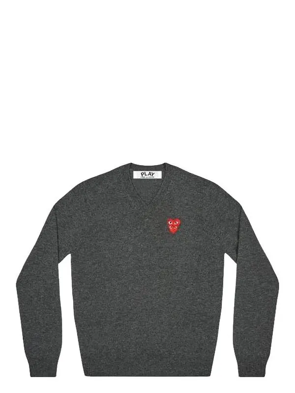 Play Comme Des Garcon V-neck Pullover With Red Emblem - Grey