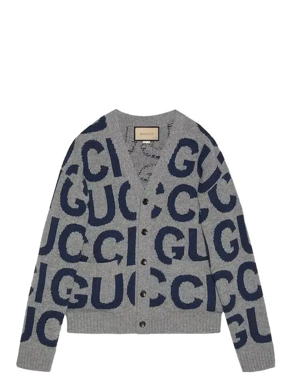 Gucci Wool Cardigan With All-over Gg Intarsia - Grey/blue