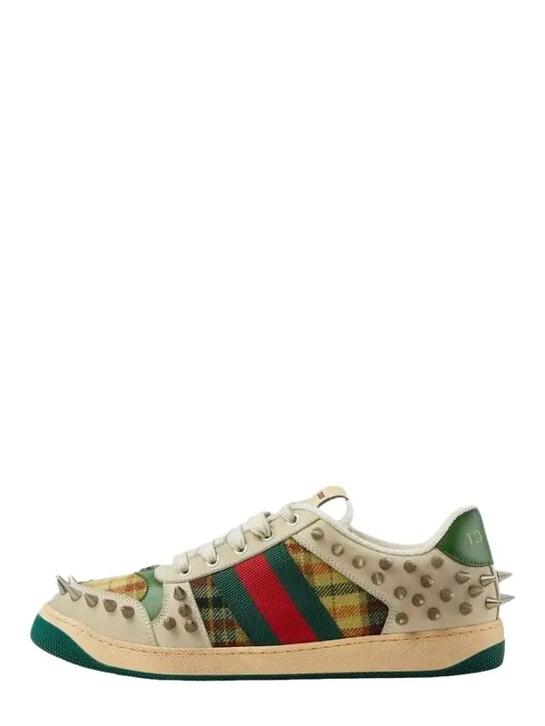 Gucci Screener Gg Leather Sneakers With Stud Detailing - Beige/metallic Silver/green