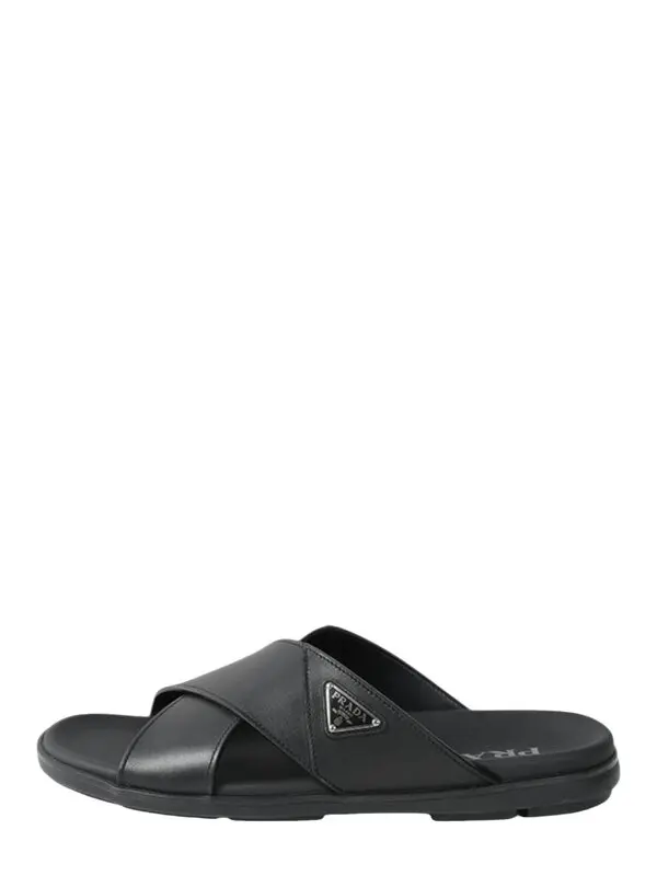 Prada Leather Criss-cross Slides - Black