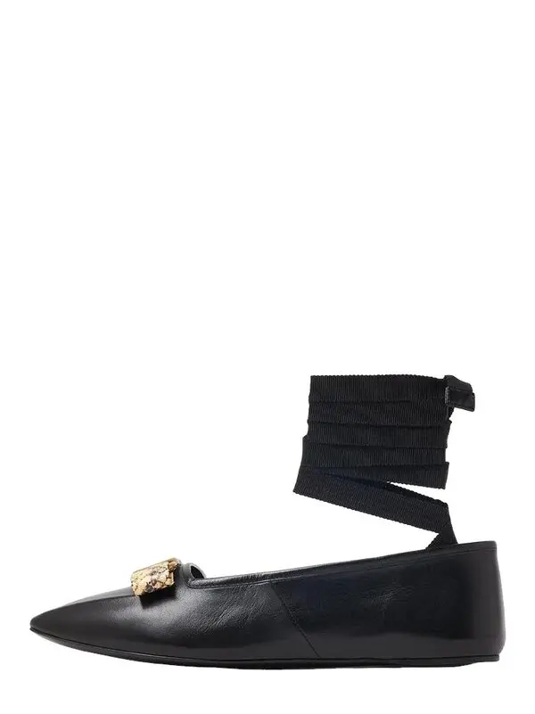 Gucci Leather Ballerina Flats With Ribbon And Bow Detailing - Black