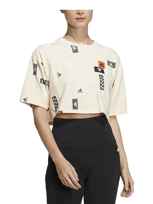 Adidas Logo Short Sleeve Cropped Top - Beige/black/multi-color