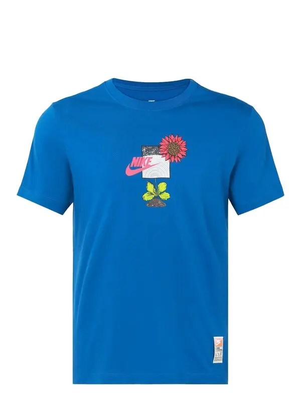 Nike Logo Plant Flowers Pattern Printing Round Neck Casual Short Sleeve Sky Blue T-shirt - Multi-color