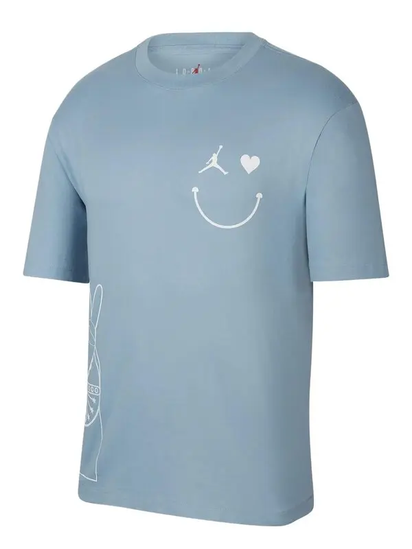 JORDAN Smiling Face Pattern Logo Printing Round Neck Short Sleeve Blue T-shirt - Multi-color