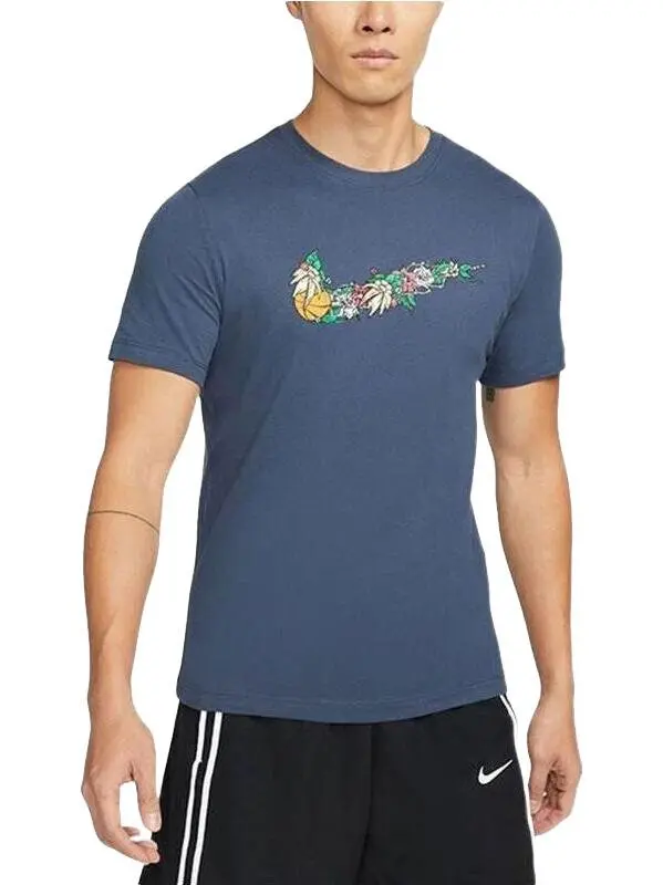 Nike Flowers Large Logo Casual Sports Solid Color Round Neck Short Sleeve Flash Blue T-shirt - Multi-color