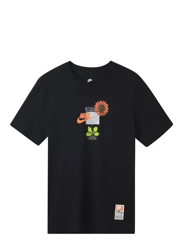 Nike Logo Plant Pattern Printing Round Neck Casual Short Sleeve Black T-shirt - Multi-color