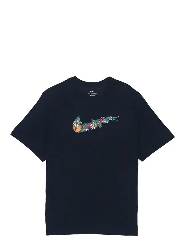 Nike Flowers Large Logo Casual Sports Solid Color Round Neck Short Sleeve Black T-shirt - Multi-color